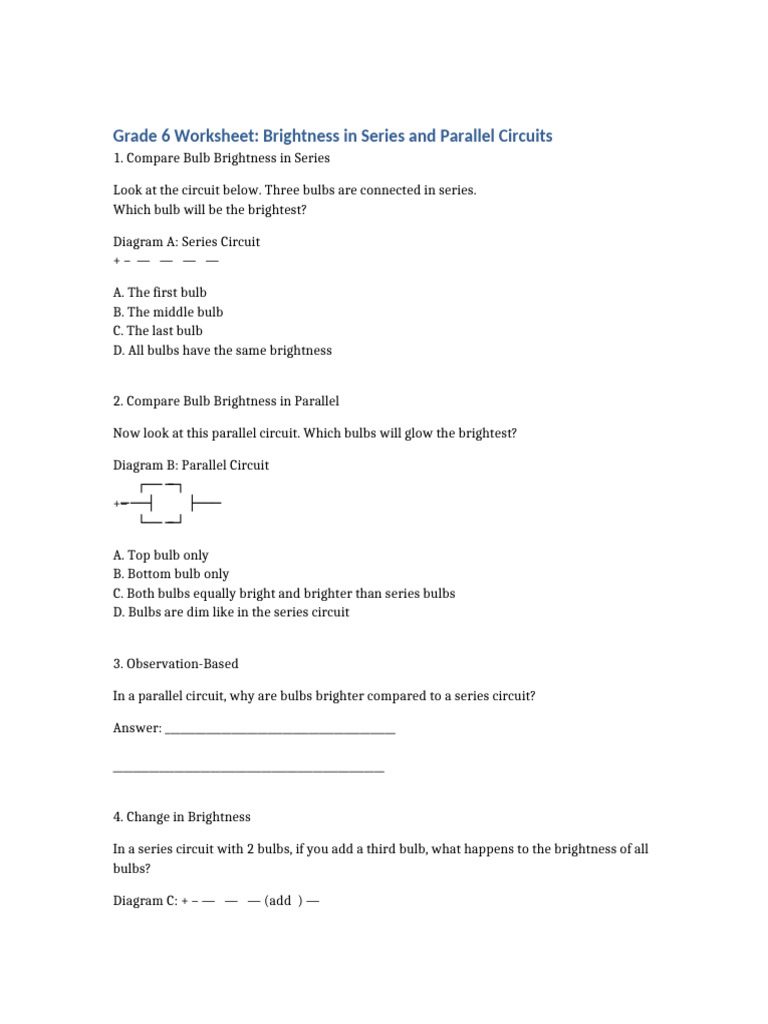 Grade6_Brightness_Series_Parallel_Worksheet | PDF