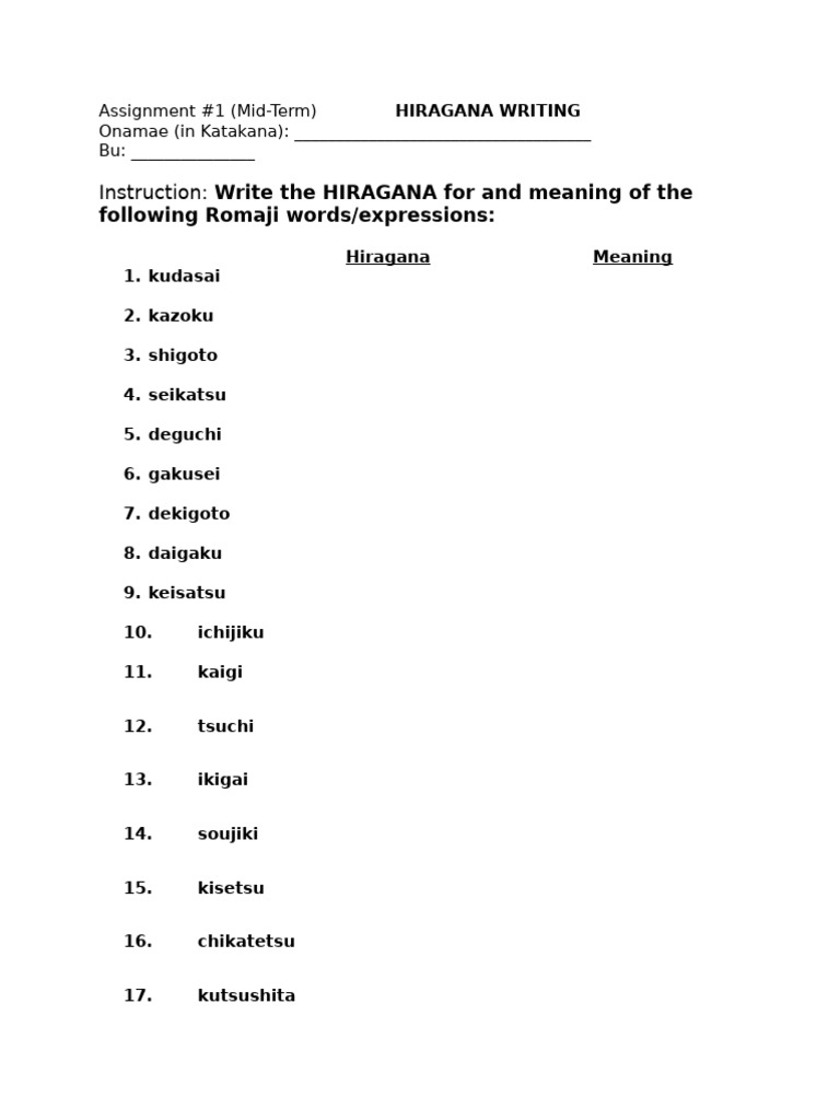Hiragana Writing Assignment 1 Midterm | PDF