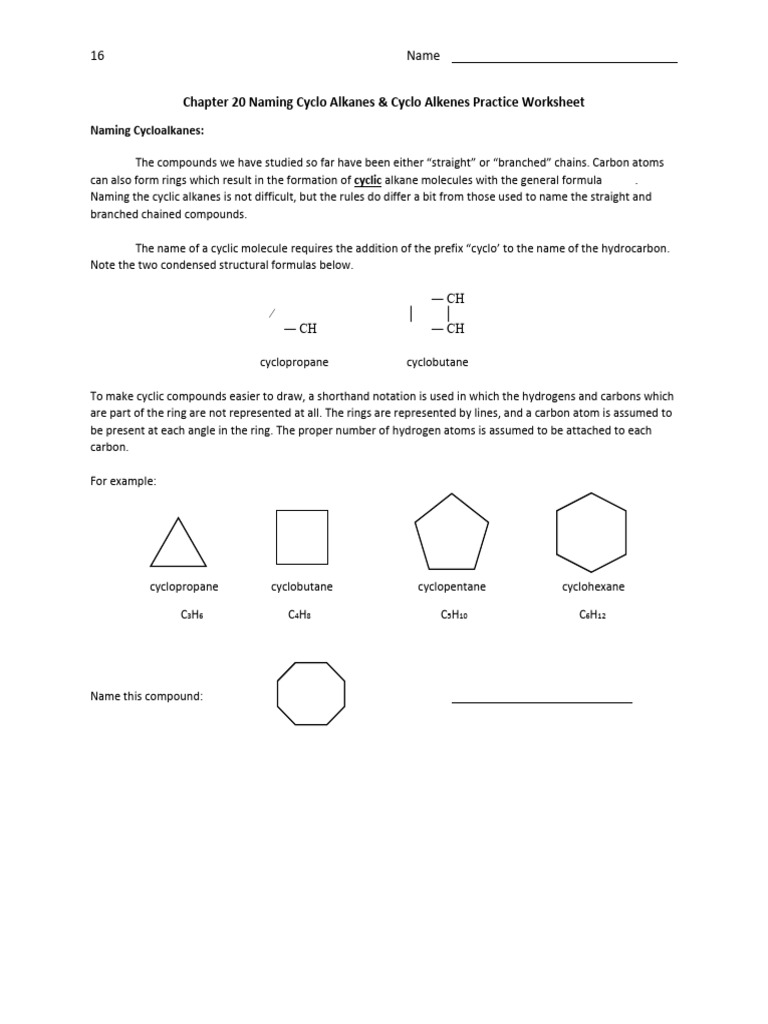CH 20 Naming Cyclic Alkanes Cyclic Alkenes Practice Worksheet1 | PDF ...