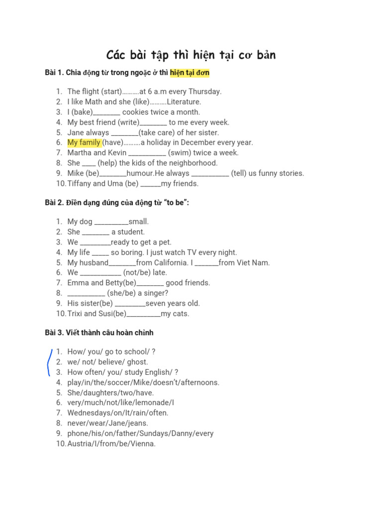 Bai Tap Luyen Tap Cac Thi Hien Tai - Da Chua Bai 1 2 3 | PDF