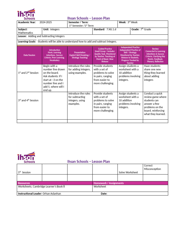 7th Grade Math Lesson Plan: Integers | PDF | Lesson Plan | Cognitive ...