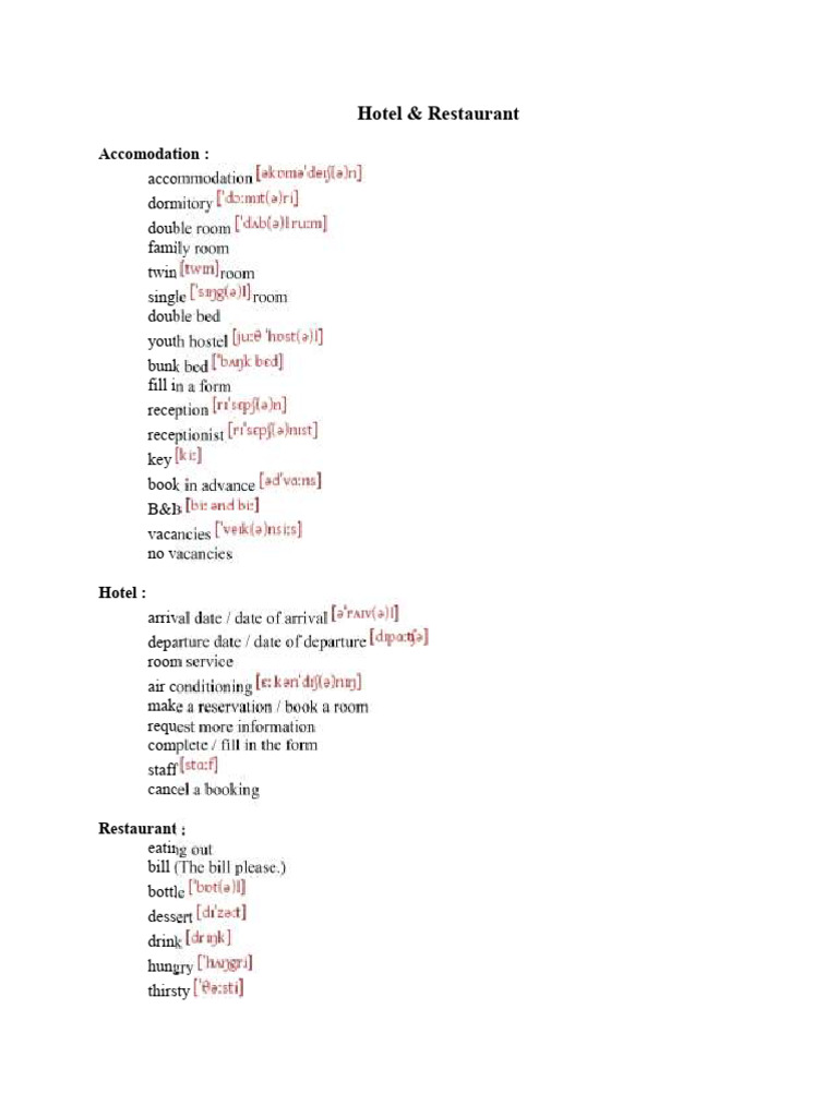 Restaurant and Hotel Terminology Guide | PDF