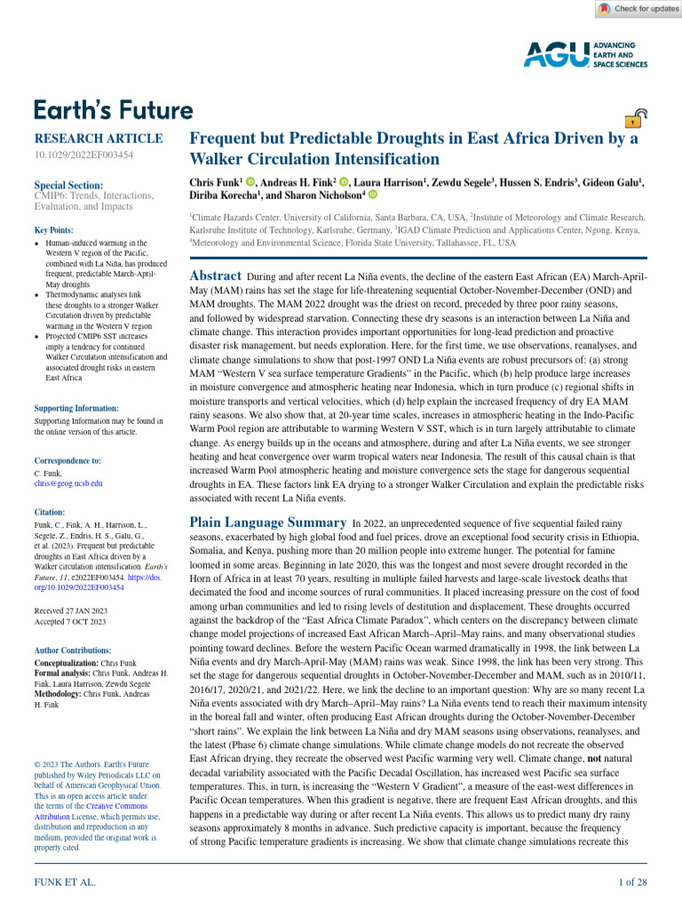 Earth s Future - 2023 - Funk - Frequent but Predictable Droughts in ...