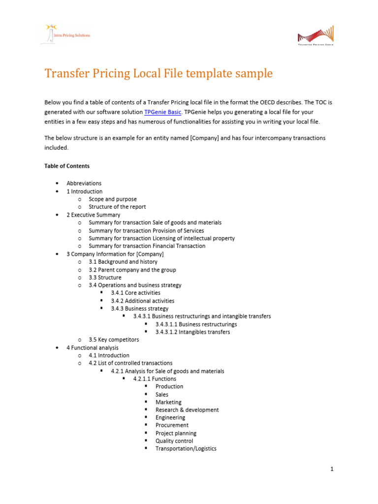 Transfer Pricing Documentation Local File Sample Generated by TPGenie ...