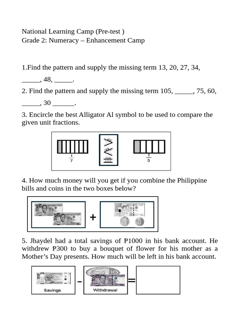 National Learning Camp Pretest 2 Numeracy | PDF