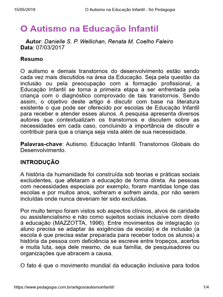 Autismo na Educação Infantil: Inclusão e Desafios | PDF | Autismo ...