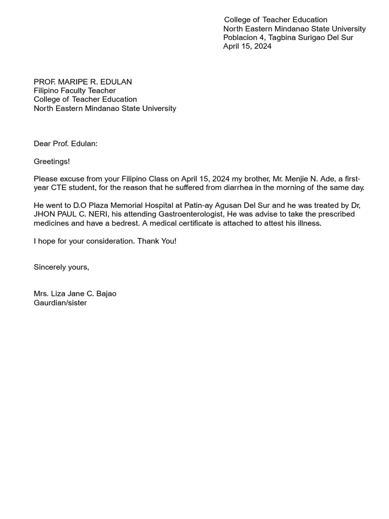 Excuse Letter for Student's Absence | PDF