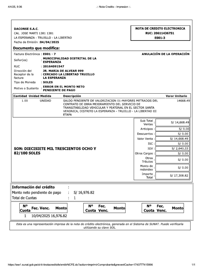 NC E001-3 - Anula La Factura E001-7 | PDF