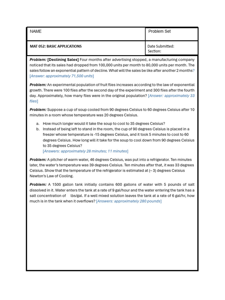 Problem Set - Basic Applications of DE - BSCE | PDF