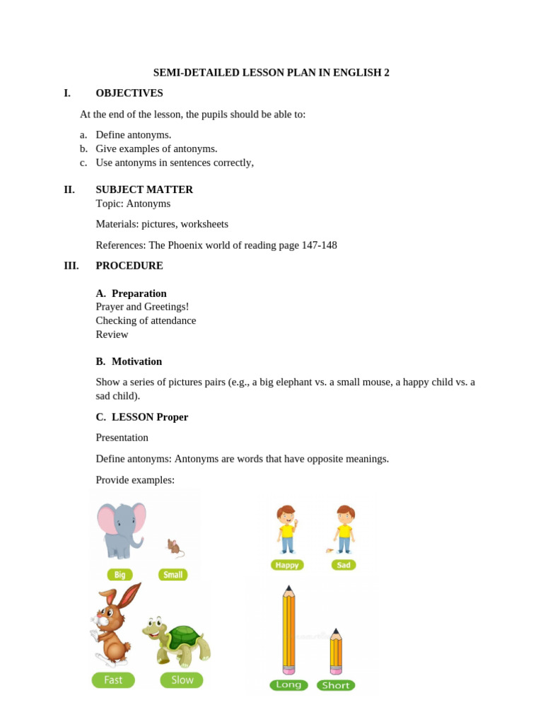 Antonyms Lesson Plan for English 2 | PDF