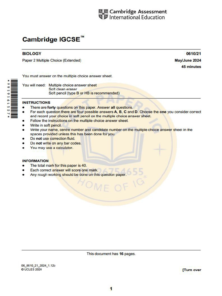 Biology Grade 10 Ol Cambridge Paper 2+4+6 June 2024 Combined PP | PDF