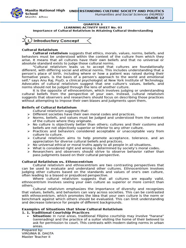 UCSP LAS 3 Importance of Cultural Relativism | PDF | Relativism | Morality
