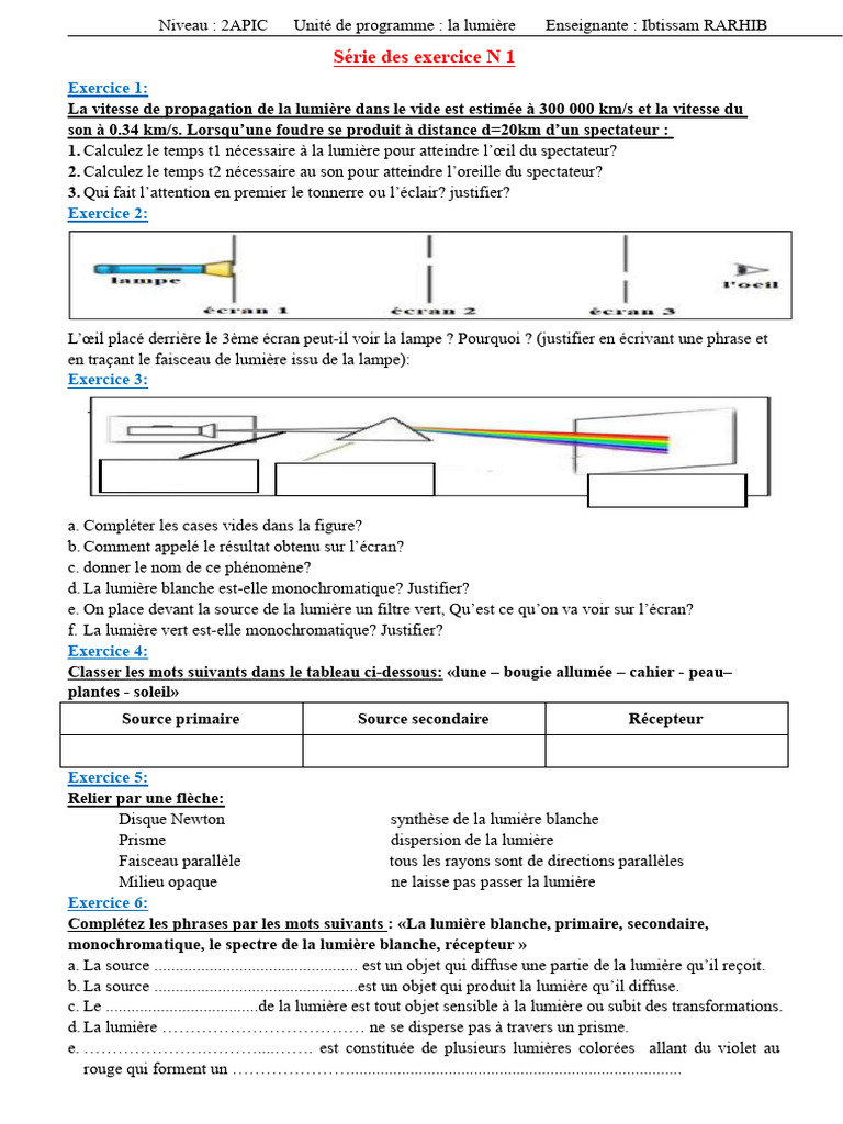 Exercice sur la lumière et ses propriétés | PDF | Lumière | Radiation ...