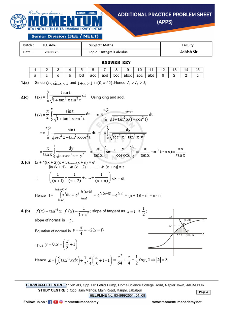 JEE Adv. Integral Calculus Sol. (28-03-2025) | PDF | Mathematical ...