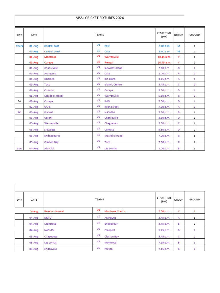 MSSL Cricket Fixtures August 2024 | PDF