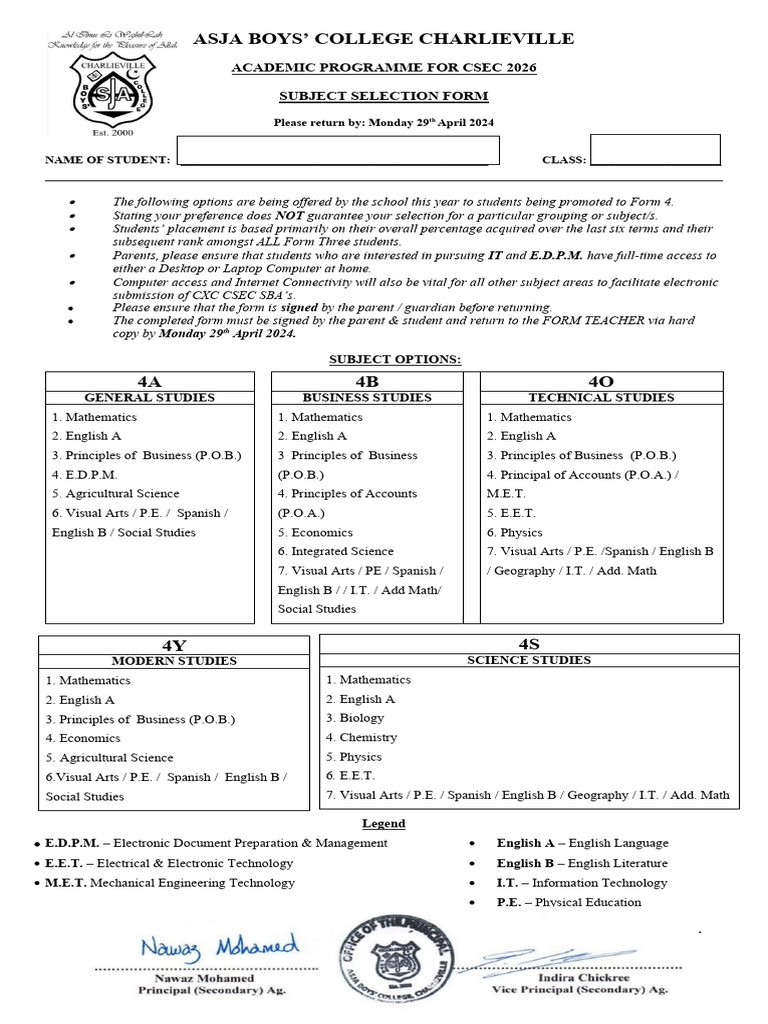 CSEC 2026 Subject Selection Form | PDF | Physical Education