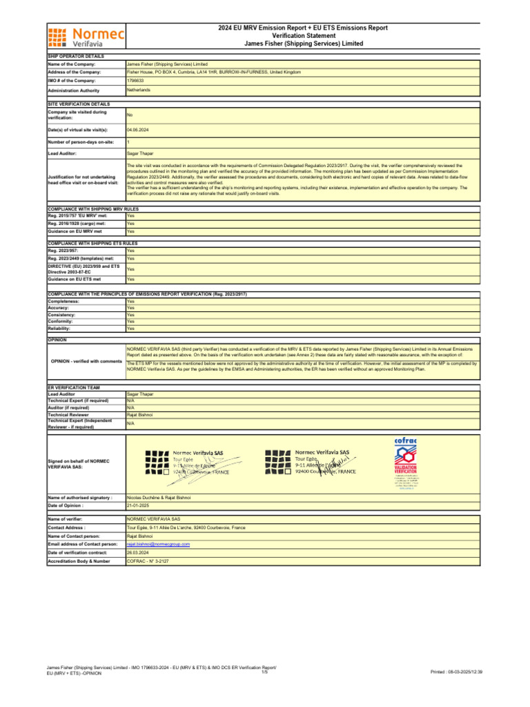 2024 - James Fisher (Shipping Services) Limited - IMO 1796633-2024 - EU (MRV & ETS) ER ...