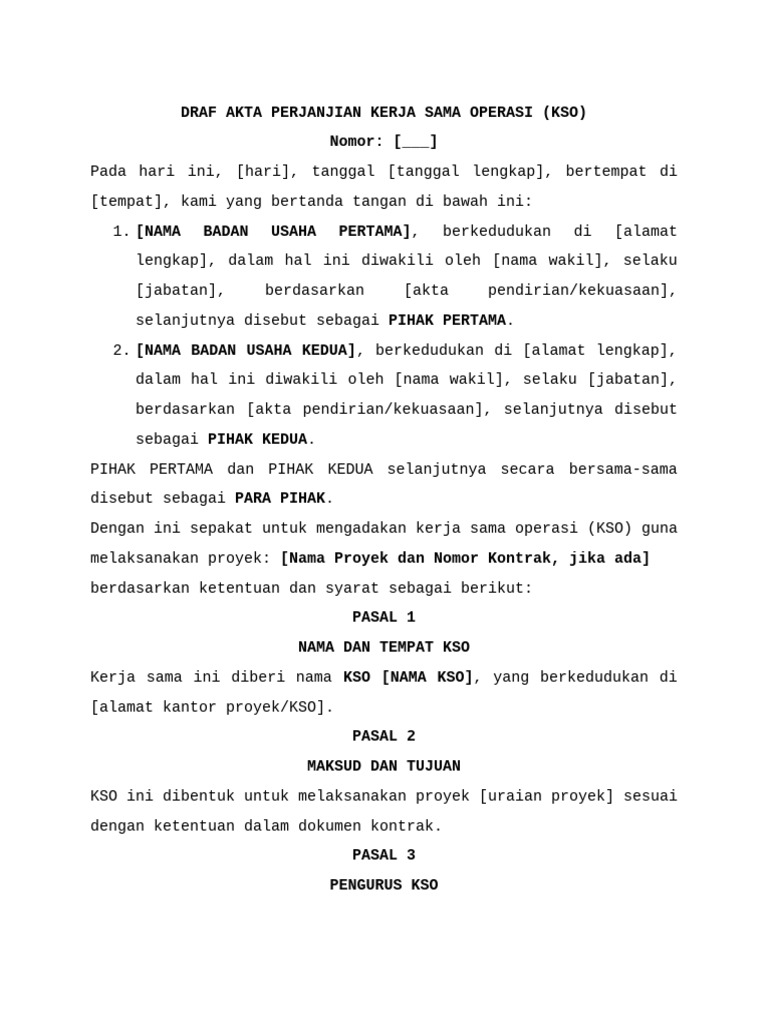 Draf Akta Perjanjian Kerja Sama Operasi | PDF