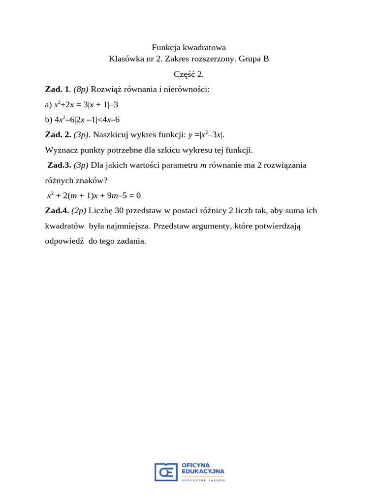2019 2 Klasowka Kl2 Kwadratowa ZR B Wer1 Part 2 | PDF