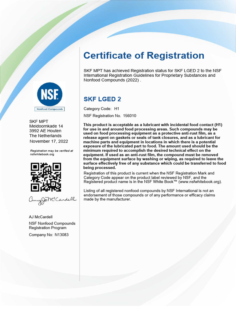 SKF LGED 2 Food Grade Certification | PDF