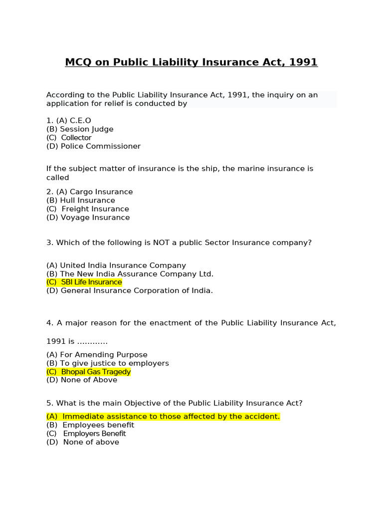 MCQs on Public Liability Insurance Act | PDF