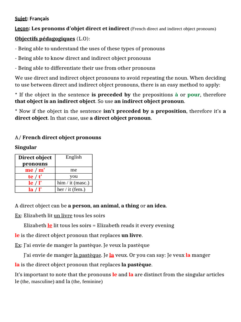 Direct and Indirect Object Pronouns | PDF | Pronoun | Grammatical Gender