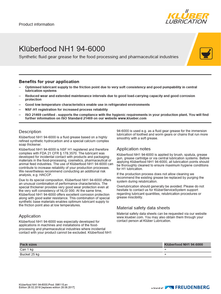 Kluberfood NH1 94-6000 EN en | PDF | Mechanical Engineering | Materials