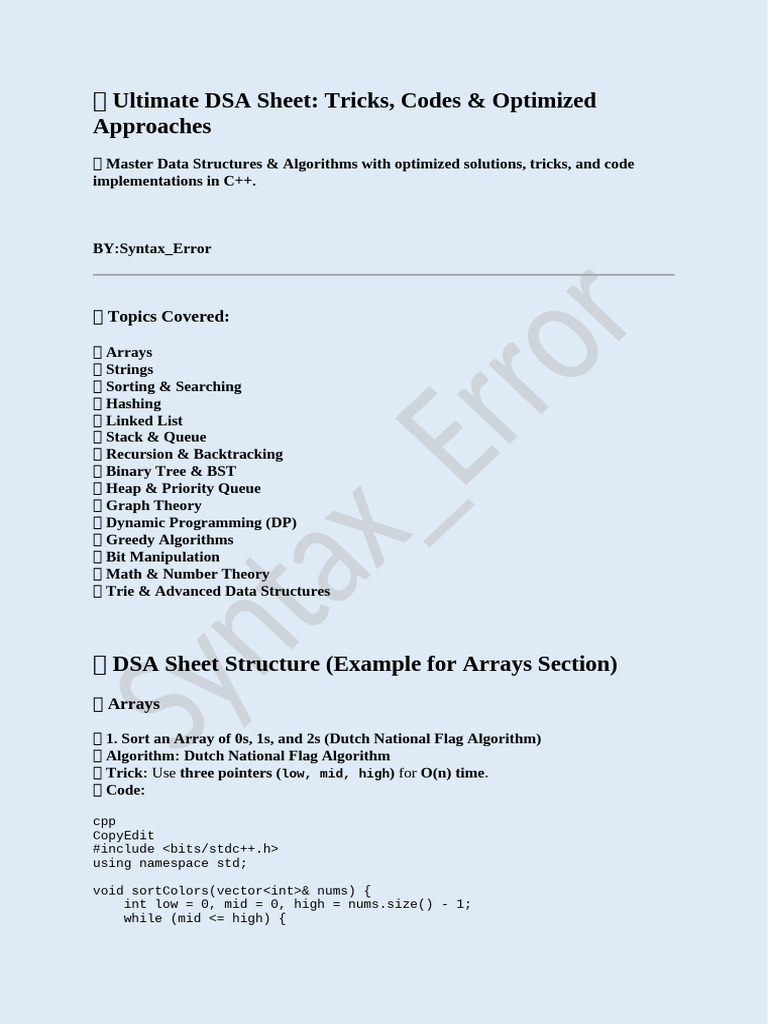 ? Ultimate DSA Sheet-Tricks, Codes & Optimized Approaches | PDF | Pointer (Computer Programming ...