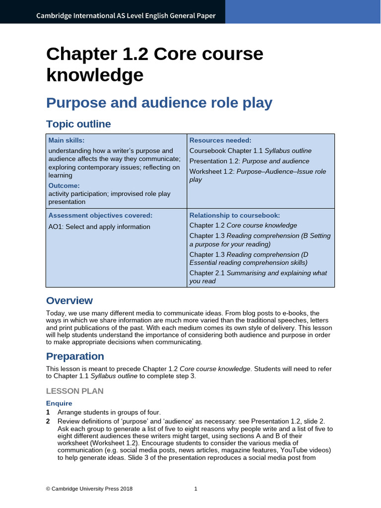Lessonplan 1 2 Core Course Knowledge ASAL General Paper | PDF | Reading ...