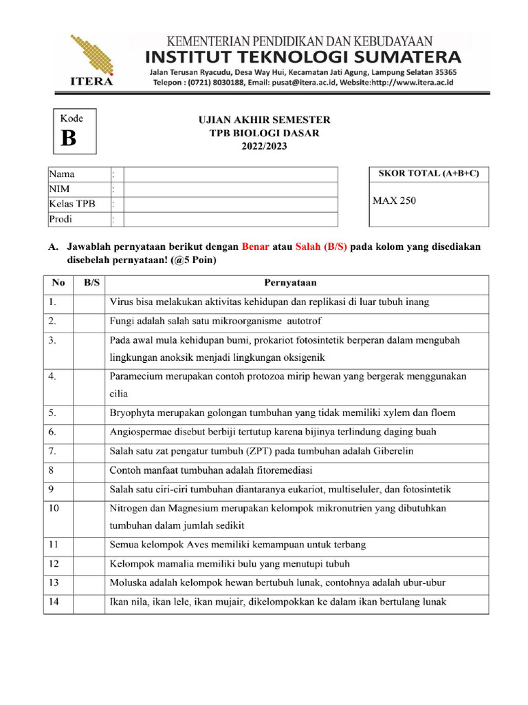 Soal Uas Biodas 2022 - 2023 | PDF