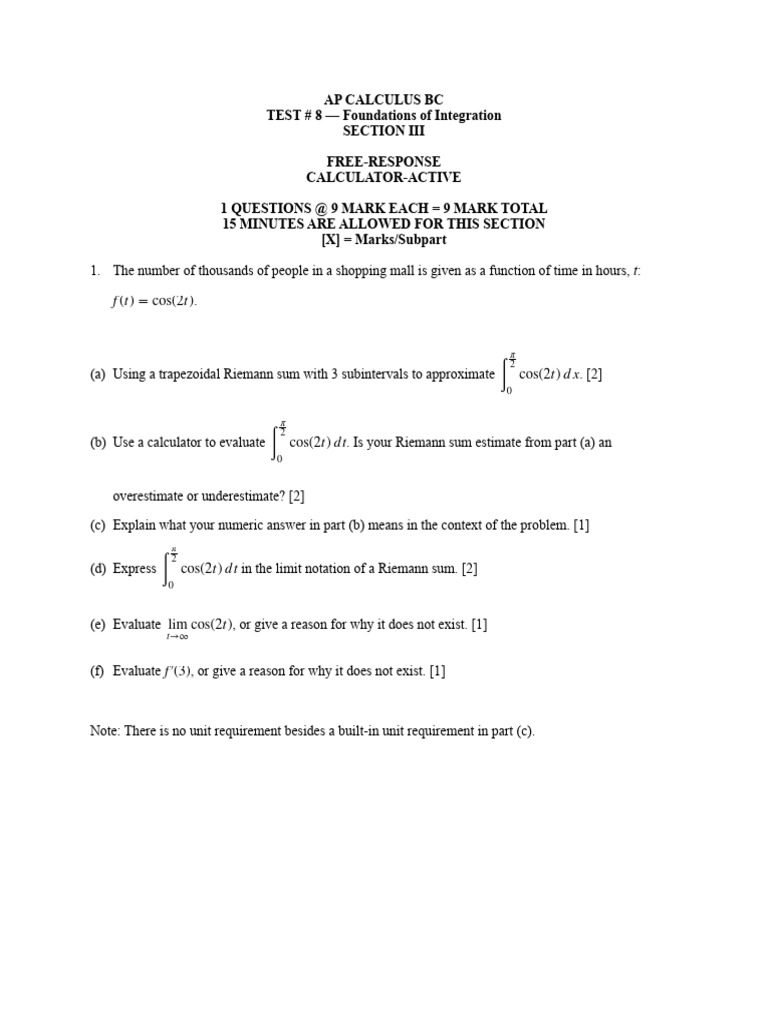 AP Calc BC Test 8 FRQ Section - Pages | PDF | Integral | Analysis