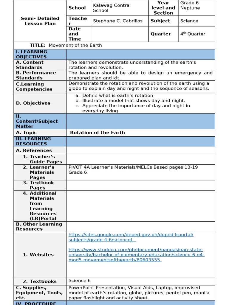 Earth Rotation Lesson Plan for Grade 6 | PDF