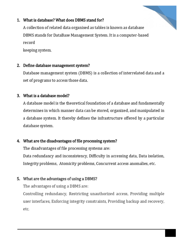 DBMS Short Answer Questions - 1 | PDF | Databases | Relational Model