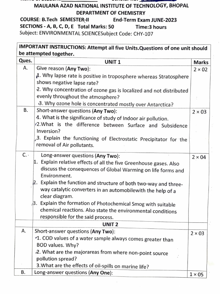 B.Tech Environmental Science Exam Guide | PDF | Atmosphere Of Earth ...