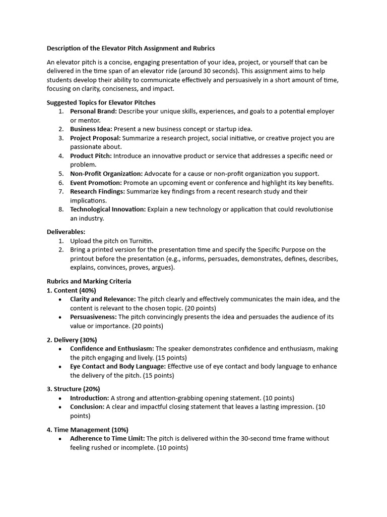 Elevator Pitch Assignment Overview | PDF | Cognition | Communication