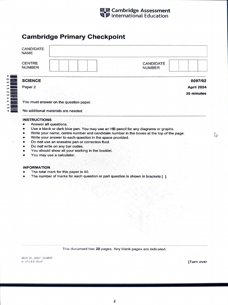 Cambridge Primary Science Checkpoint Paper | PDF