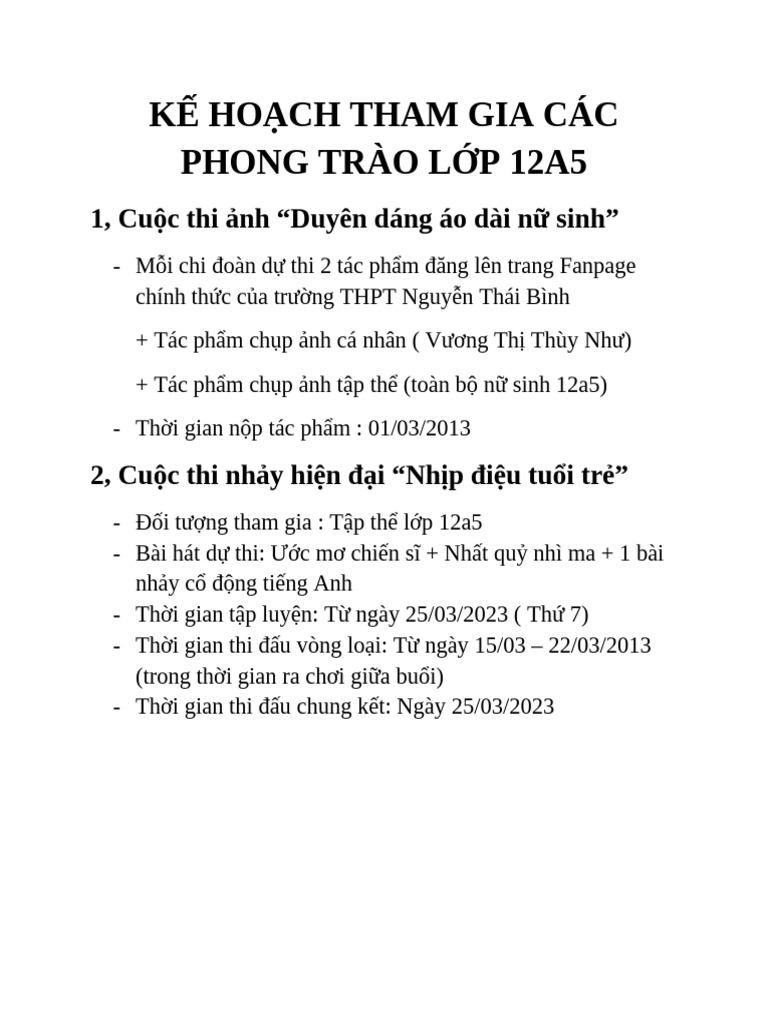 Kế Hoạch Tham Gia Các Phong Trào Lớp 12a5 | PDF