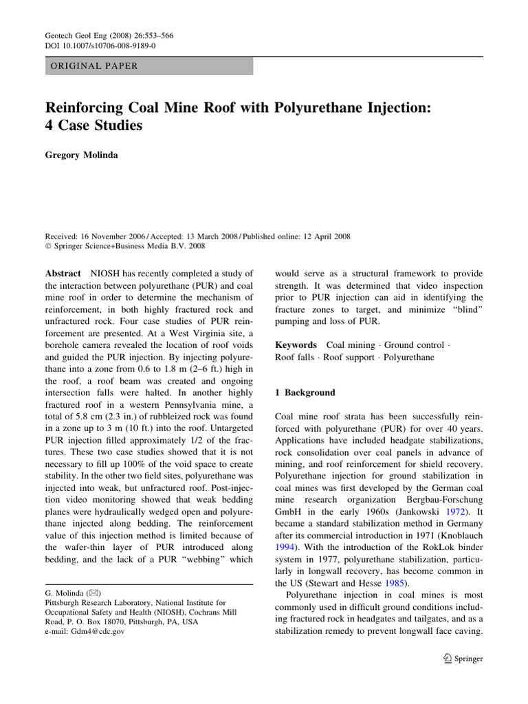Reinforcing Coal Mine Roof With Polyurethane Injection: 4 Case Studies ...