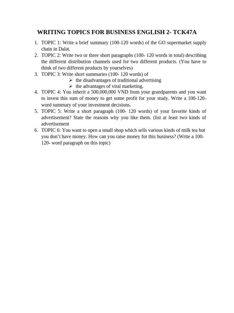 Writing Topics On Business English 2 - TCNH Avk47a | PDF