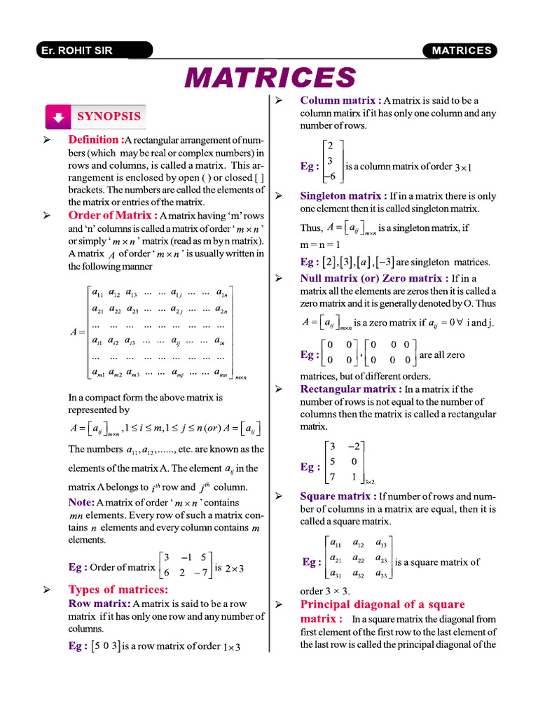 Kcet Matrices Formulas | PDF