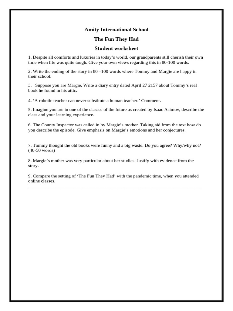 Class 9 Worksheet: The Fun They Had | PDF