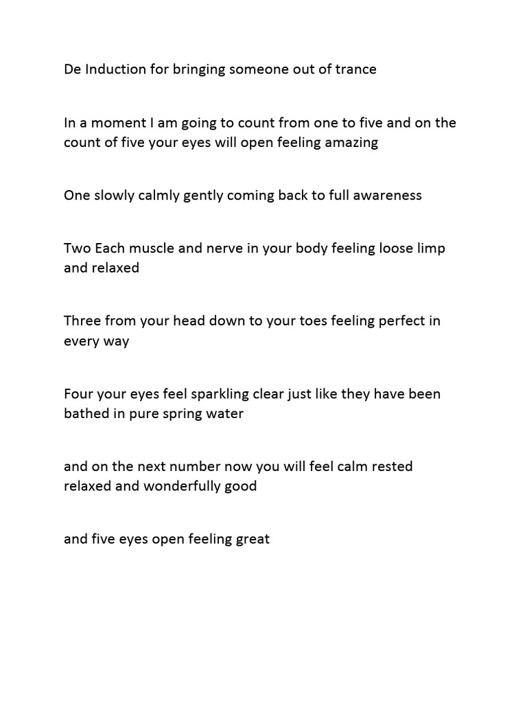 De Induction For Bringing Someone Out of Trance - Hypnotherapy | PDF