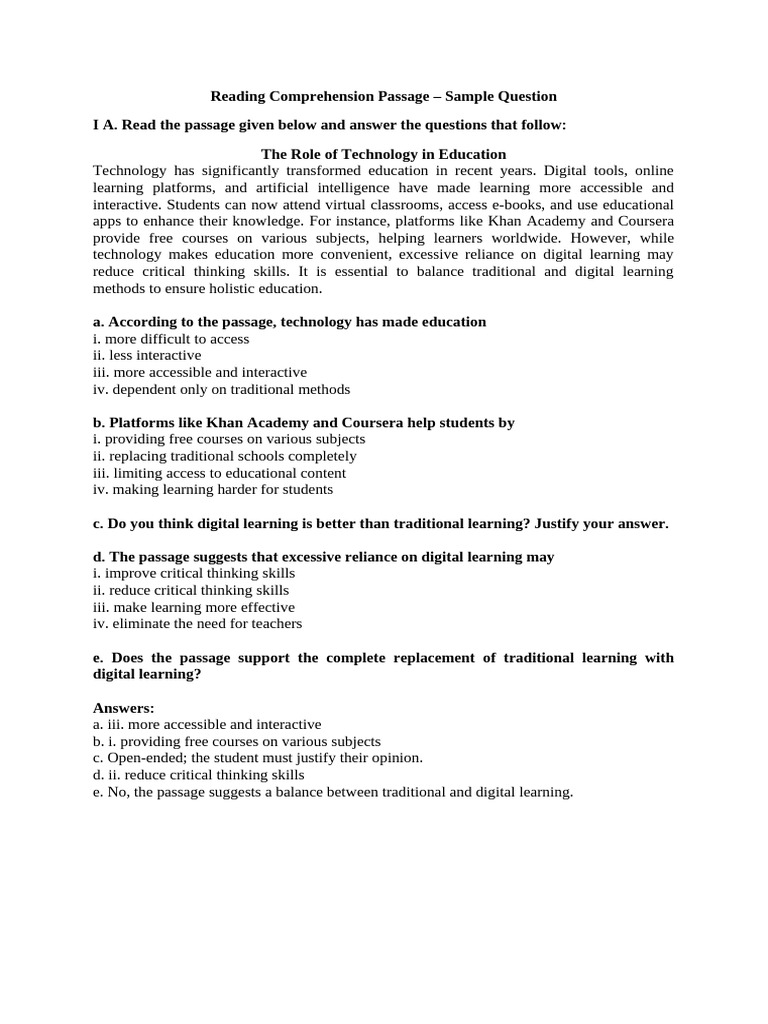 2 Sample Reading Comprehension Passage | PDF | Learning | Critical Thinking