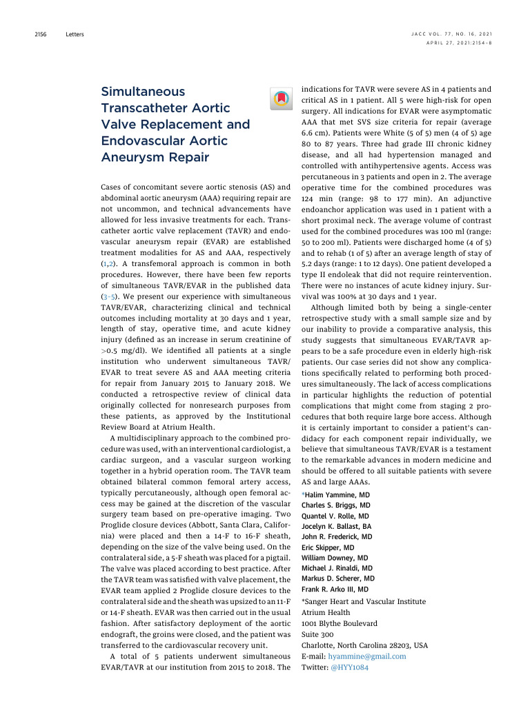 Simultaneous Transcatheter Aortic Valve Replace - 2021 - Journal of The American | PDF ...
