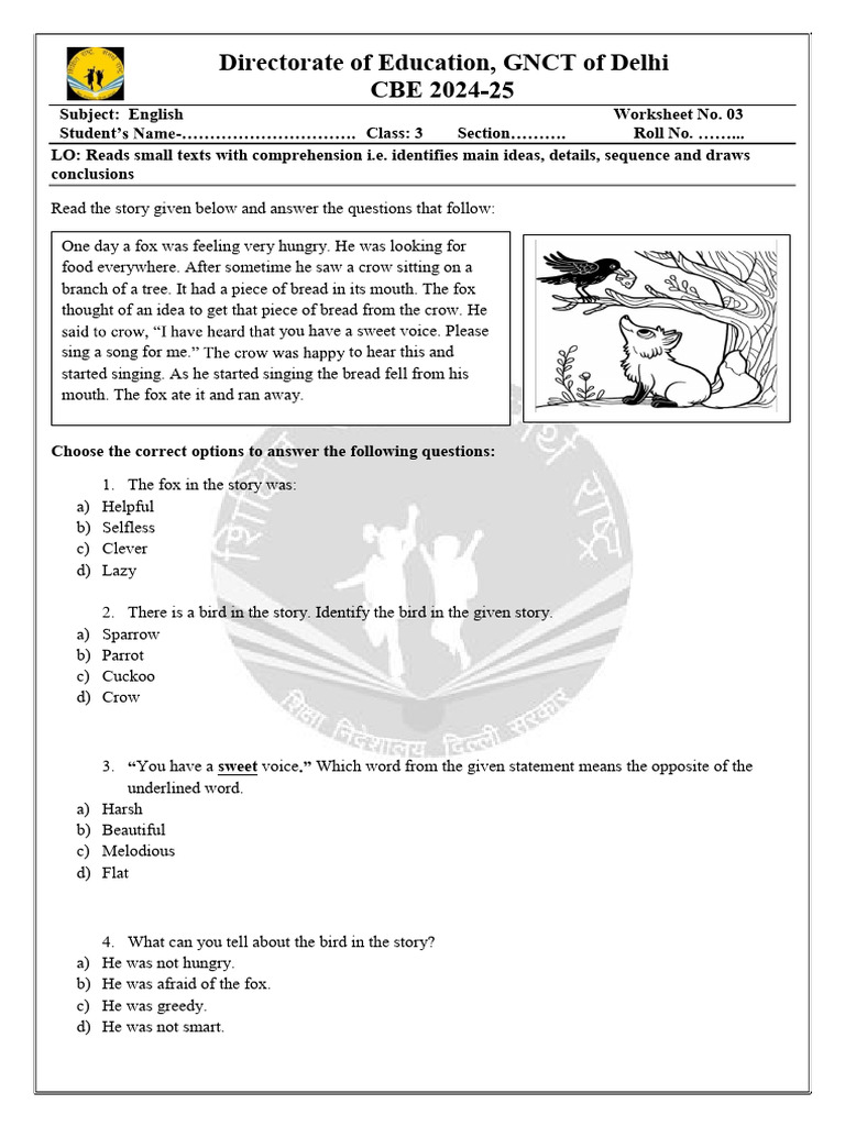Comprehension Worksheet for Class 3 | PDF