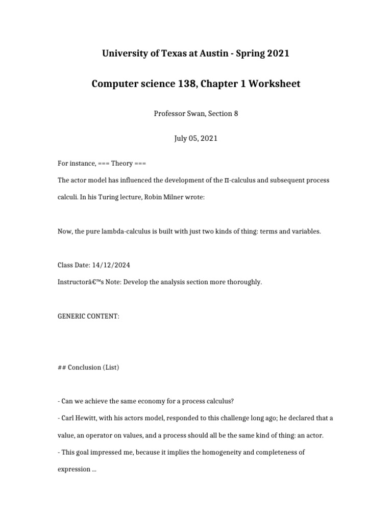 Computer Science 138 Chapter 1 Worksheet | PDF | Software Engineering | Computer Science
