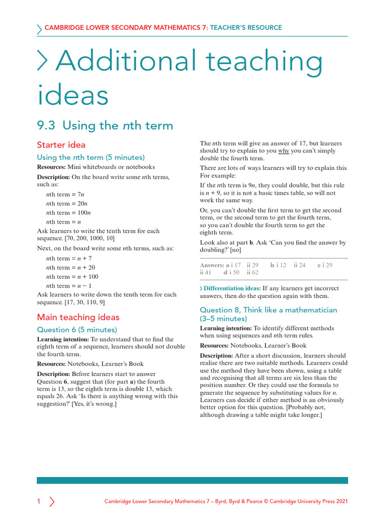Additional Teaching Ideas 9.3 | PDF | Learning | Mathematics