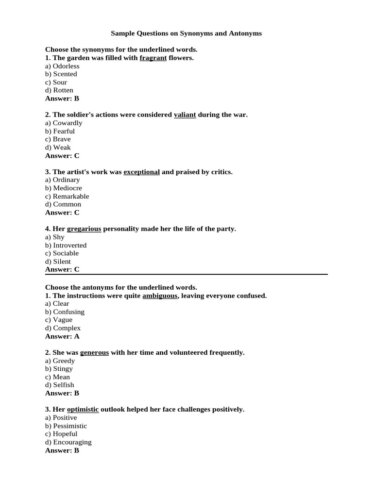 8 Sample Questions On Synonyms and Antonyms | PDF