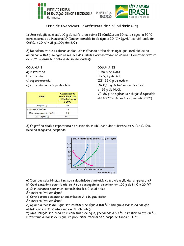 Lista de Exercícios - Coeficiente de Solubilidade | PDF