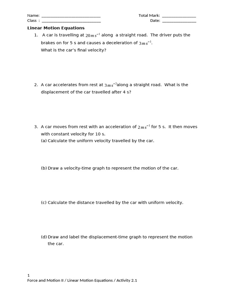 Activity 2.1. Linear Motion Equatios | PDF